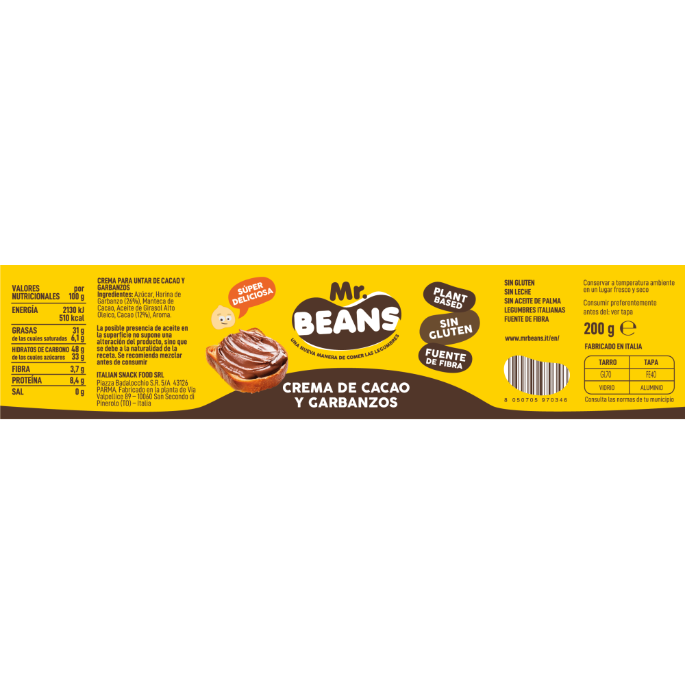 Crema de Garbanzos y Cacao Sin Gluten - Mr. Beans - 200 grs